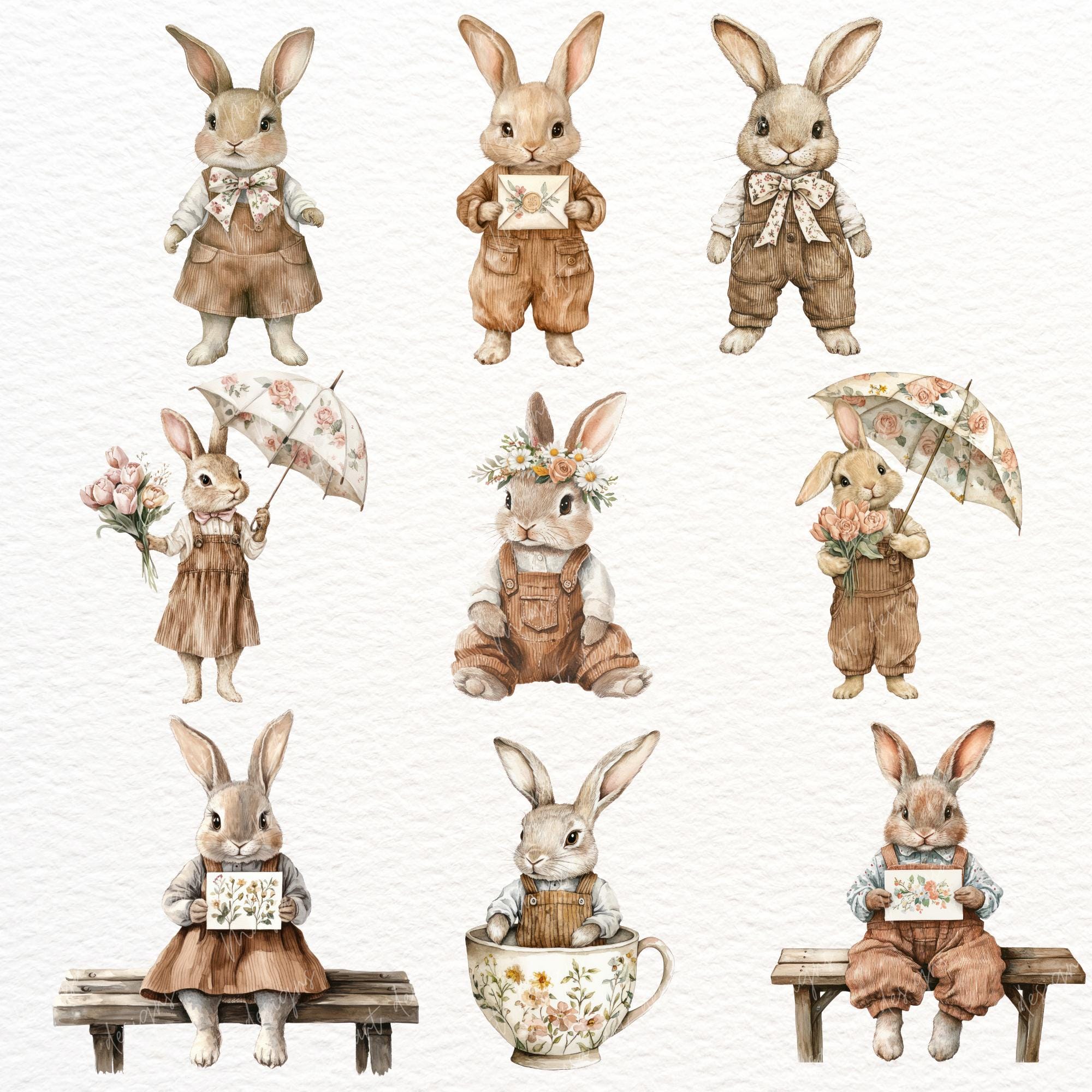 Watercolor Rabbits Clipart: Easter & Spring PNG Graphics (digital ...