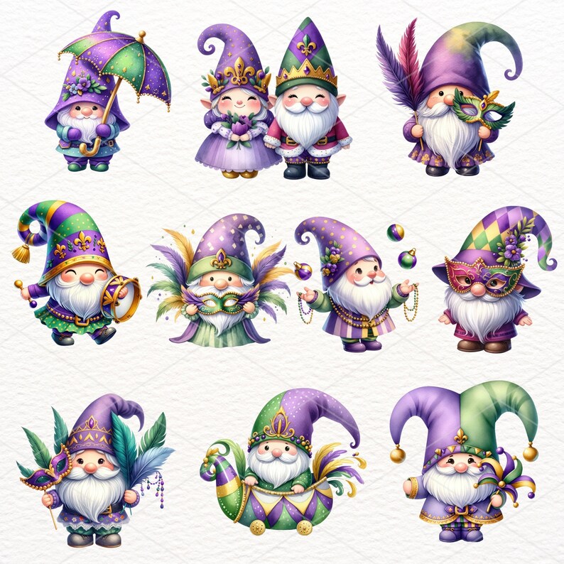 Watercolor Mardi Gras Gnome Clipart, Mardi Gras PNG, Mardi Gras Clipart ...