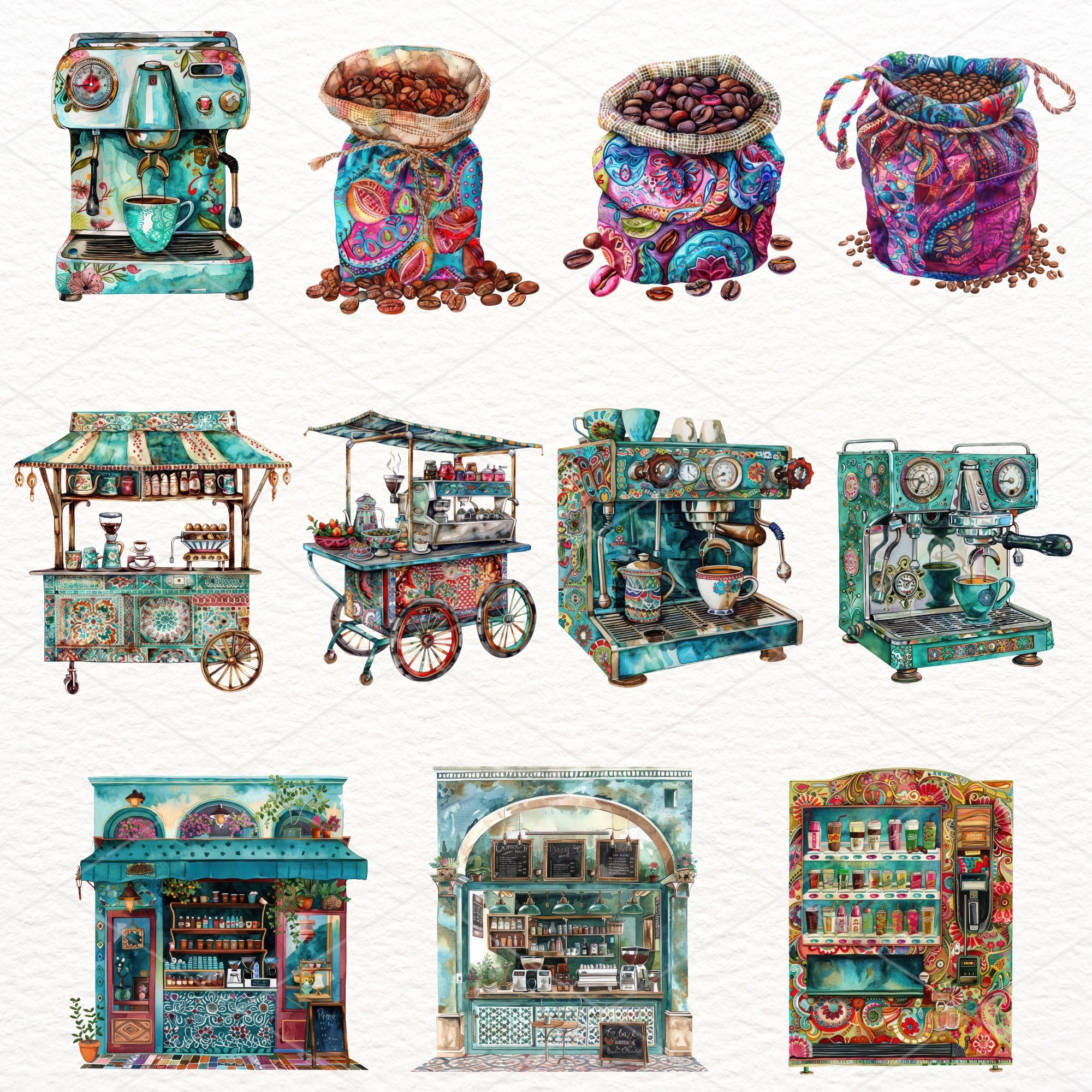 Watercolor Boho Coffee Clipart: Coffee Shop PNG Stickers (commercial ...