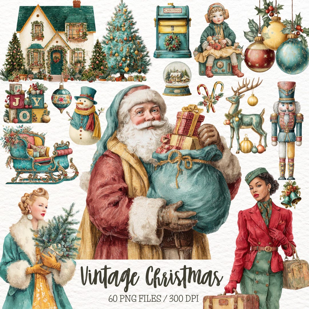 Vintage Christmas Clipart, Retro Holiday Illustrations, Scrapbook ...