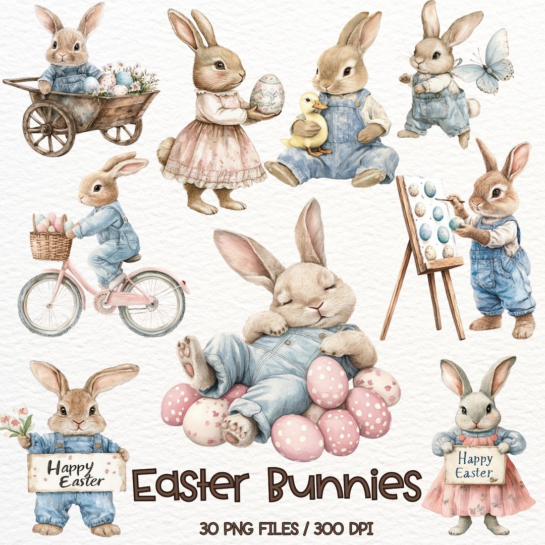 Watercolor Easter Bunny Clipart Set, Spring PNG Graphics (digital ...