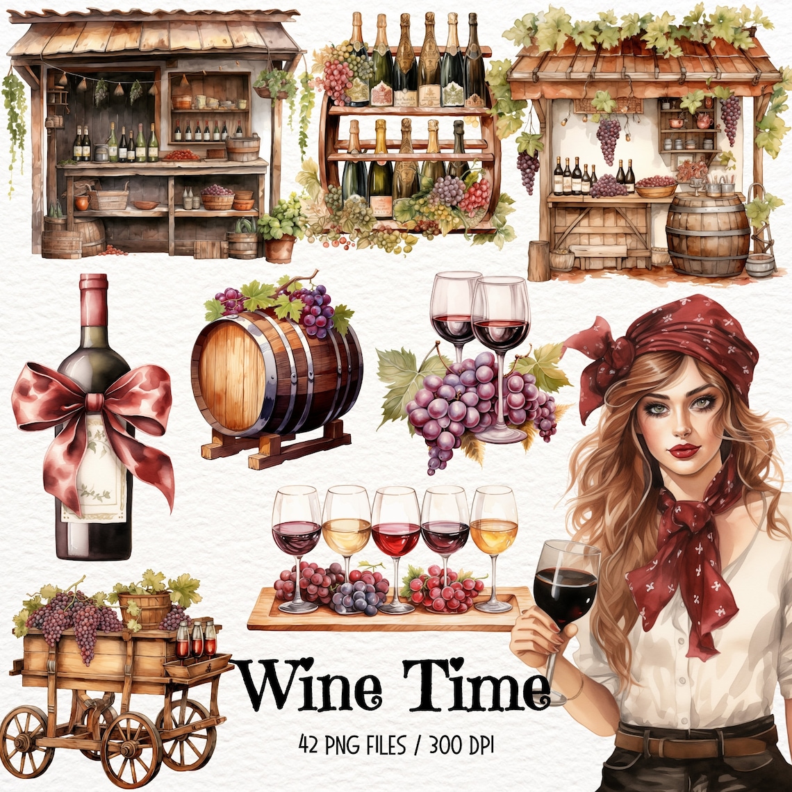 Watercolor Wine Clipart, Wine Barrel, Digital PNG Wine Grapes, Red Wine ...