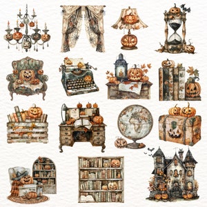 Watercolor Halloween Clipart, Reading, Haunted Library, Spooky, Creepy ...