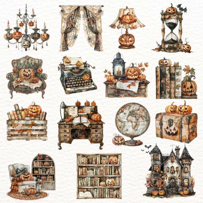 Watercolor Halloween Clipart, Reading, Haunted Library, Spooky, Creepy ...