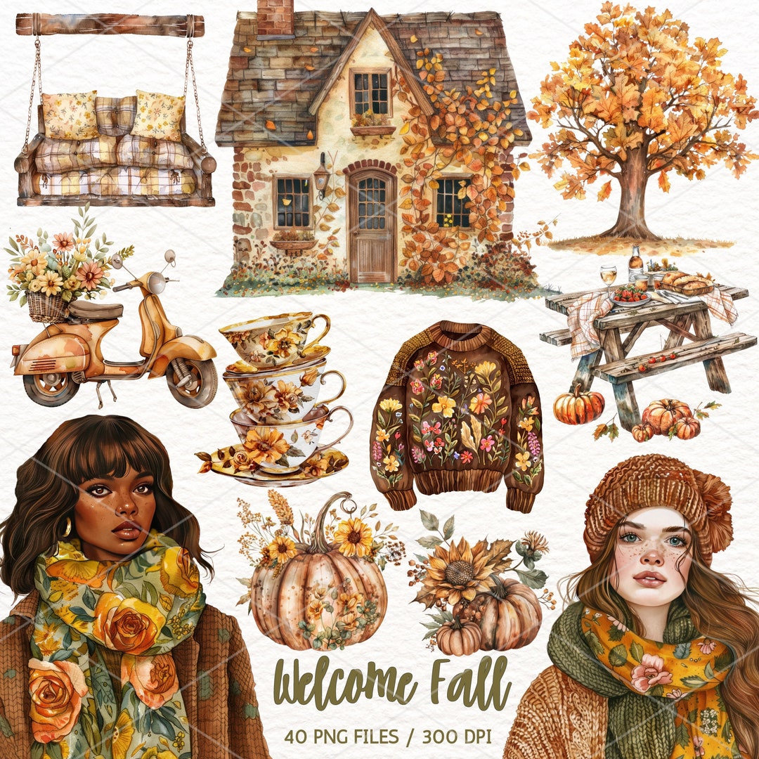 Watercolor Welcome Fall Clipart, Cozy Fall, Fall Graphics, Autumn PNG ...