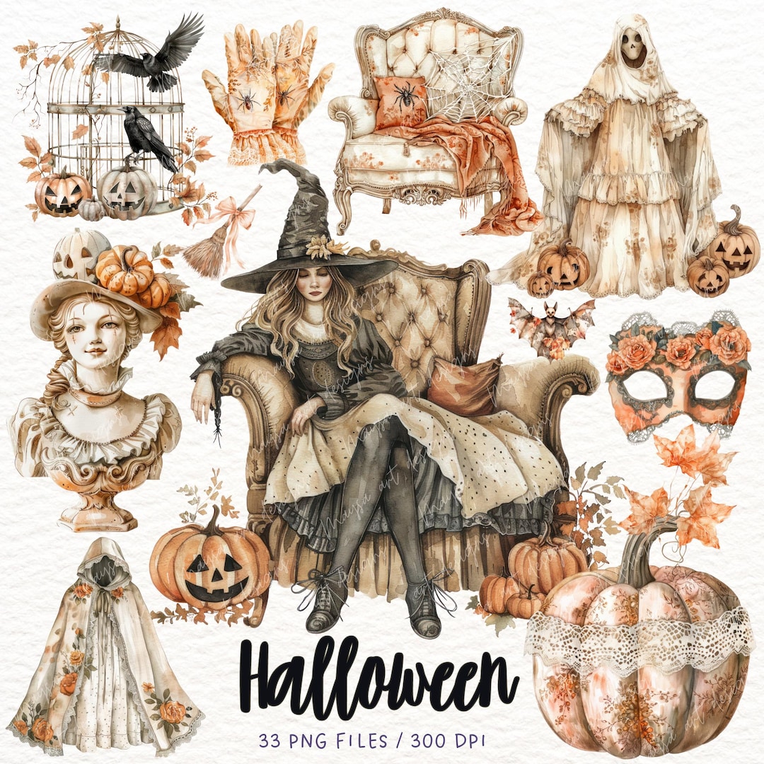 Watercolor Halloween Clipart: Witch, Ghost, Pumpkin PNG (commercial Use ...