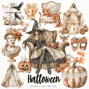 Watercolor Halloween Clipart, Spooky Season, Witch, Ghost, Bat ...