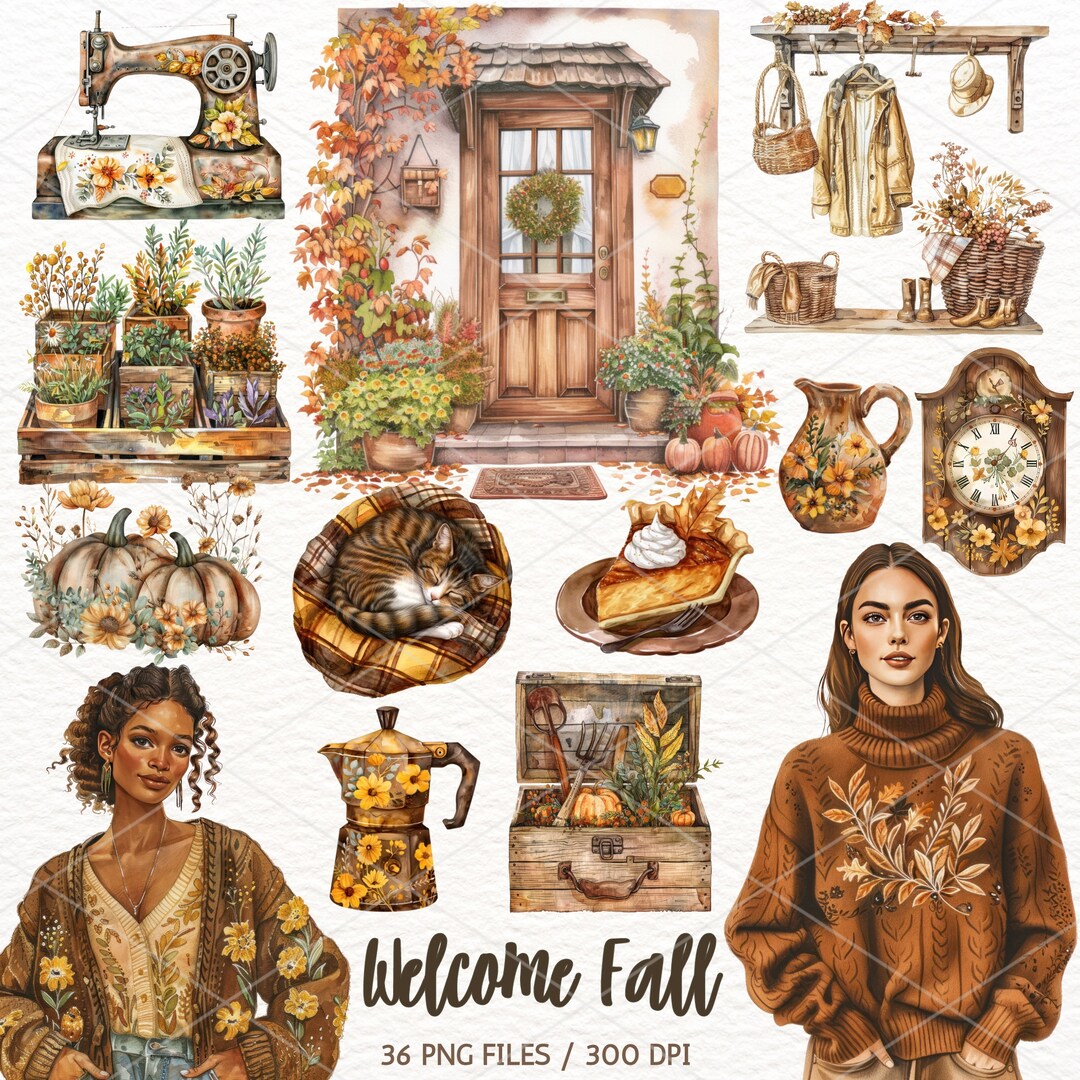 Watercolor Welcome Fall Clipart, Fall Graphics, Autumn PNG, Cozy Fall ...