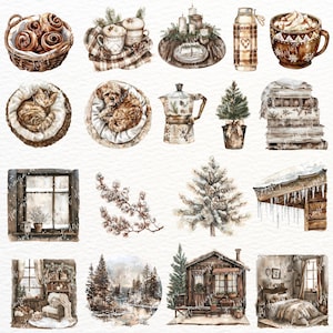 Watercolor Winter Clipart, Cozy Winter, Rustic Winter PNG, Snowy ...