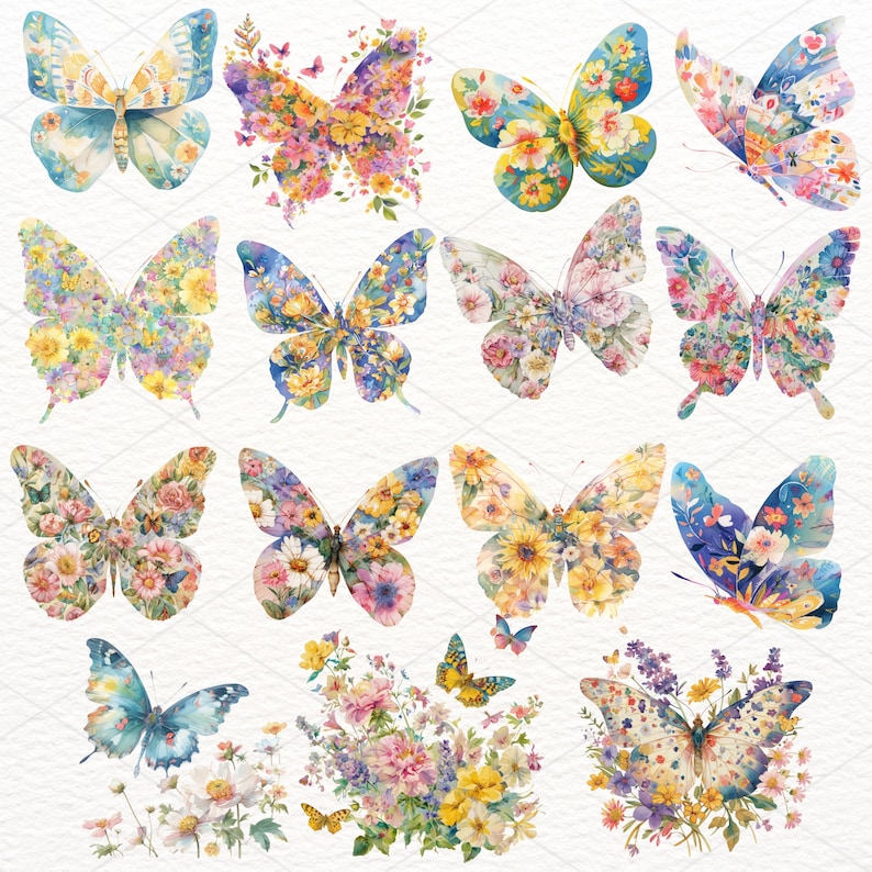 Watercolor Butterfly Clipart: Floral Spring PNG Illustrations (digital ...