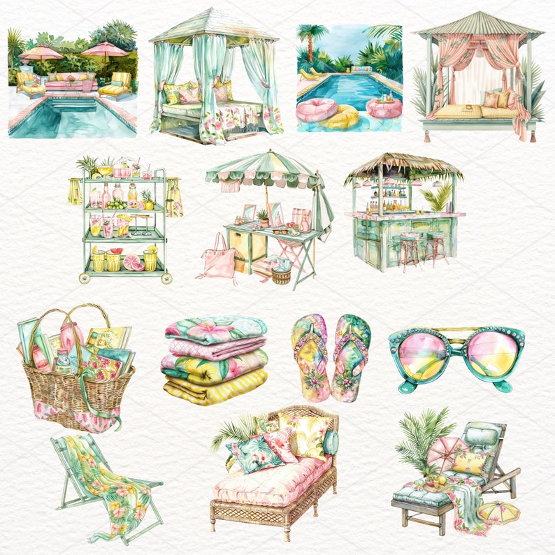 Watercolor Pool Party Clipart: Summer Beach Graphics (digital Stickers ...