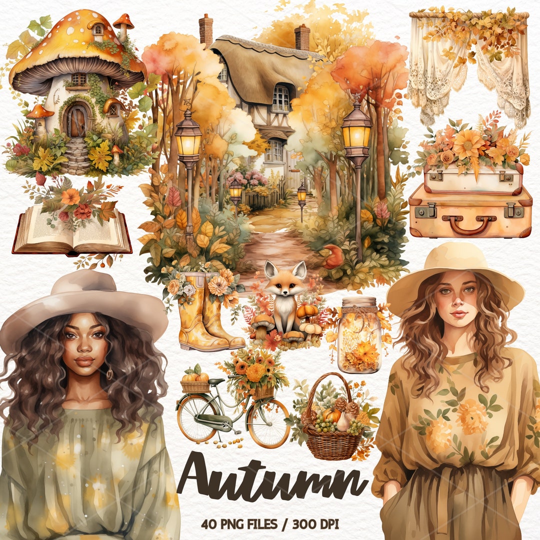 Watercolor Autumn Clipart, Cozy Fall Clipart, Cottagecore, Countryside ...