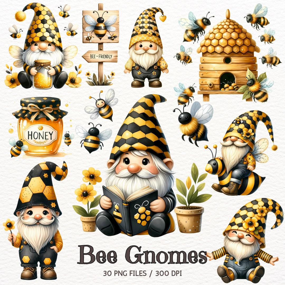 Watercolor Bee Gnomes Clipart, Gnome Bee Clipart, Honey Bee Clipart ...