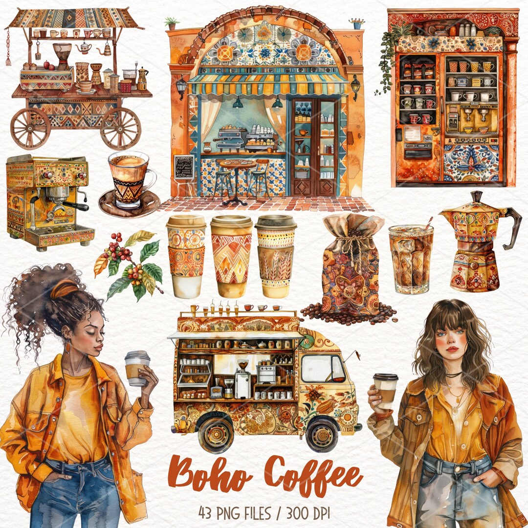 Watercolor Boho Coffee Clipart: Coffee Shop PNG Stickers (commercial ...