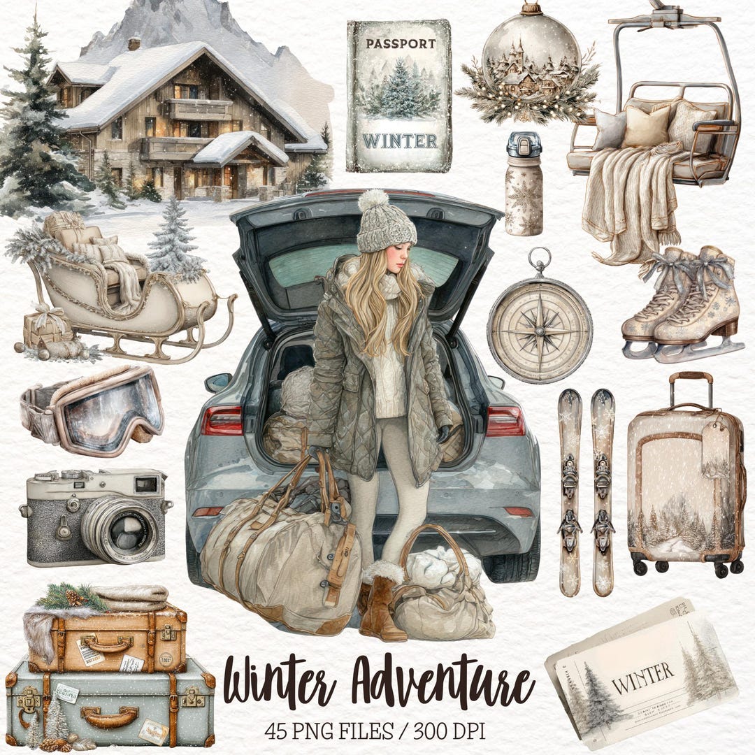 Winter Adventure Clipart, Winter Travel PNG, Digital Stickers for ...