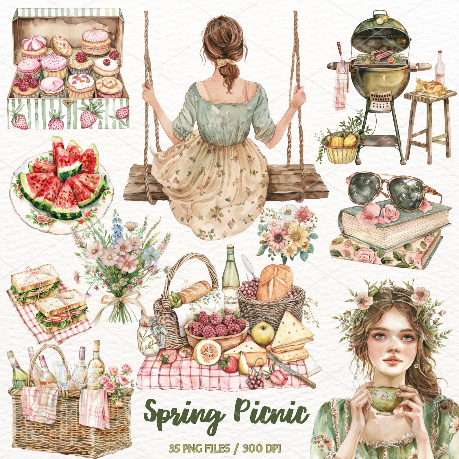 Watercolor Spring Picnic Clipart, Spring Illustration, Cottagecore ...