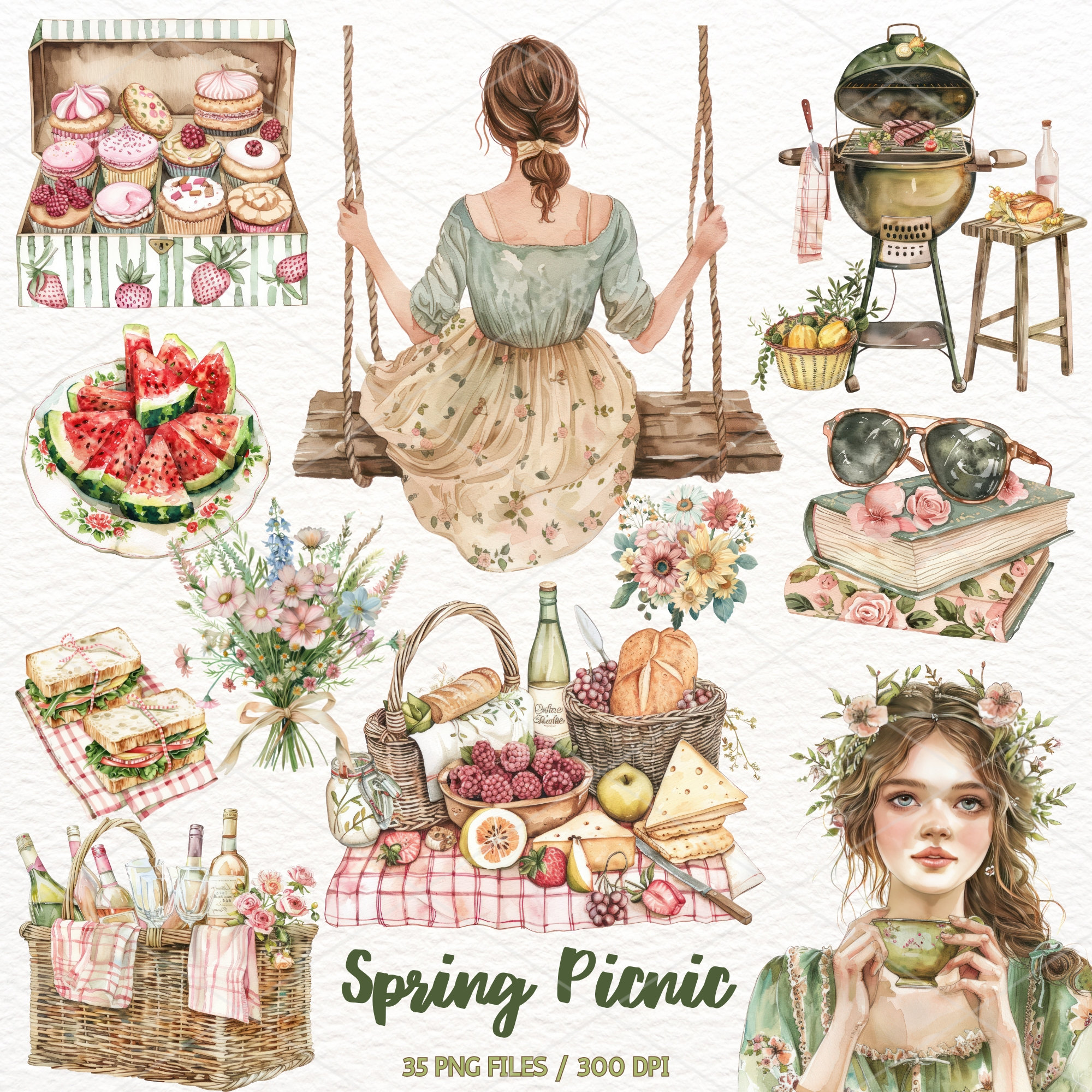 Watercolor Spring Picnic Clipart, Spring Illustration, Cottagecore ...