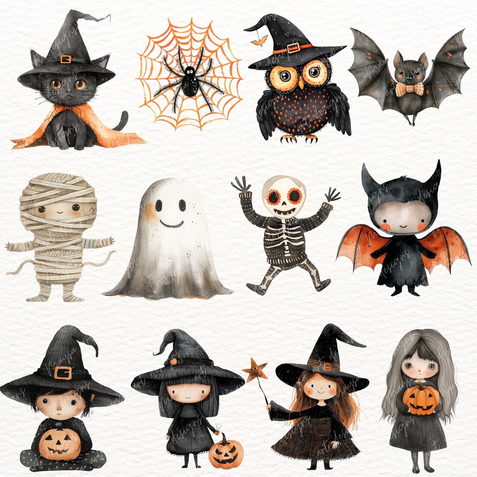 Watercolor Cute Halloween Clipart, Spooky PNG, Black Cat Trick or Treat ...