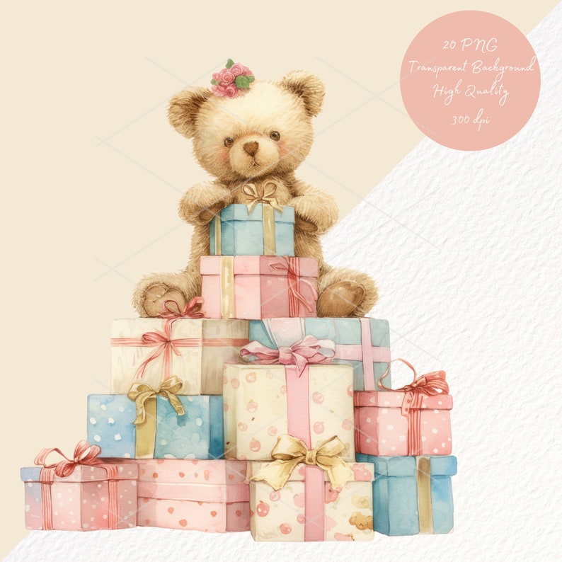 Birthday Teddy Bear Watercolor Clipart, Birthday Bears, Cute Teddy Bear ...