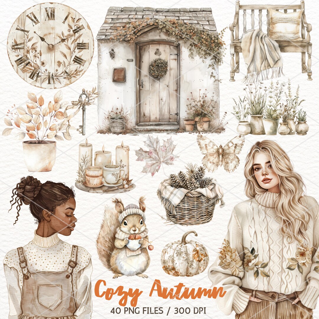 Watercolor Cozy Autumn Clipart, Fall PNG Graphic, Warm Autumn, Pumpkin ...