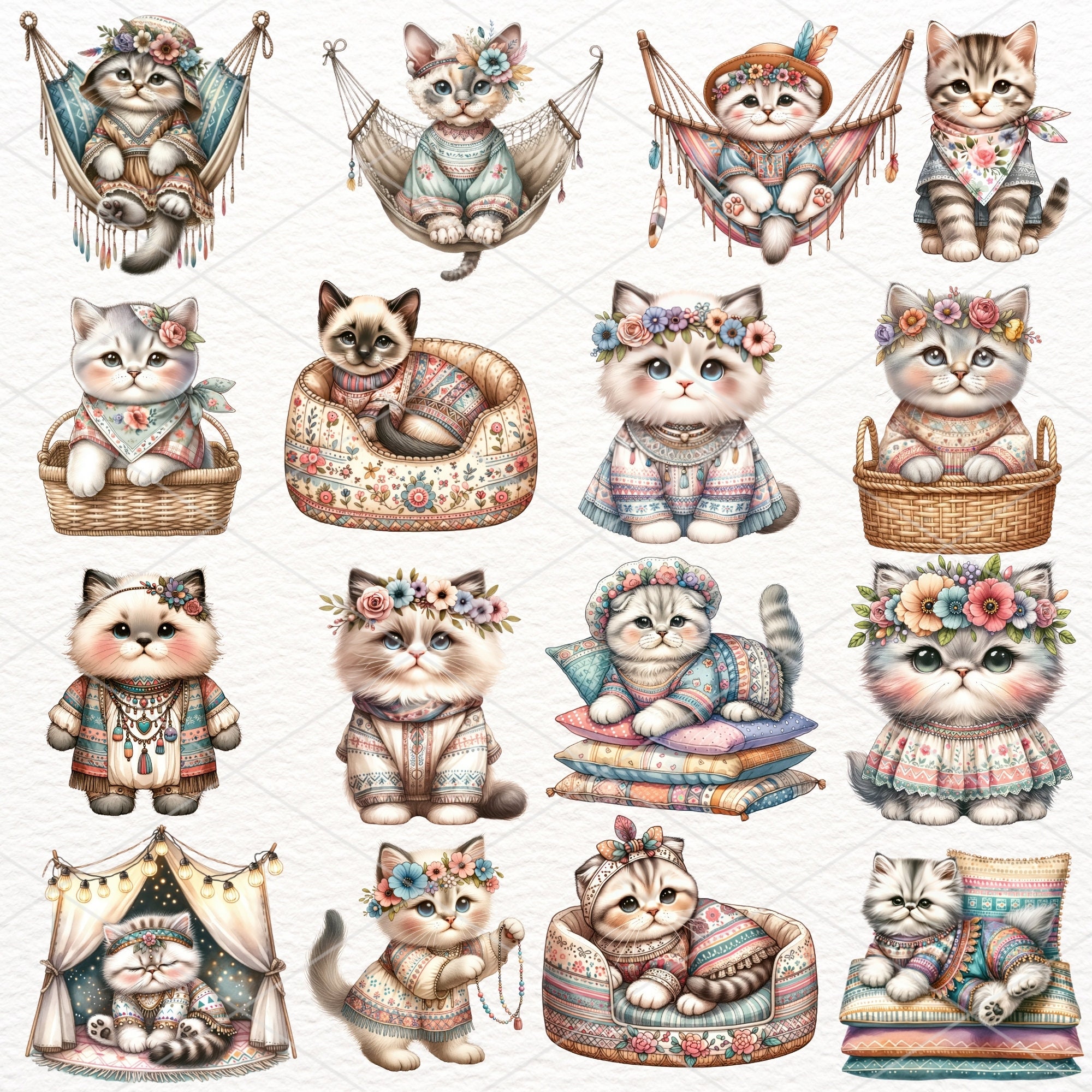 Boho Cat Clipart, Cute Cats, Watercolor Cats, Cats Clipart PNG, Floral ...