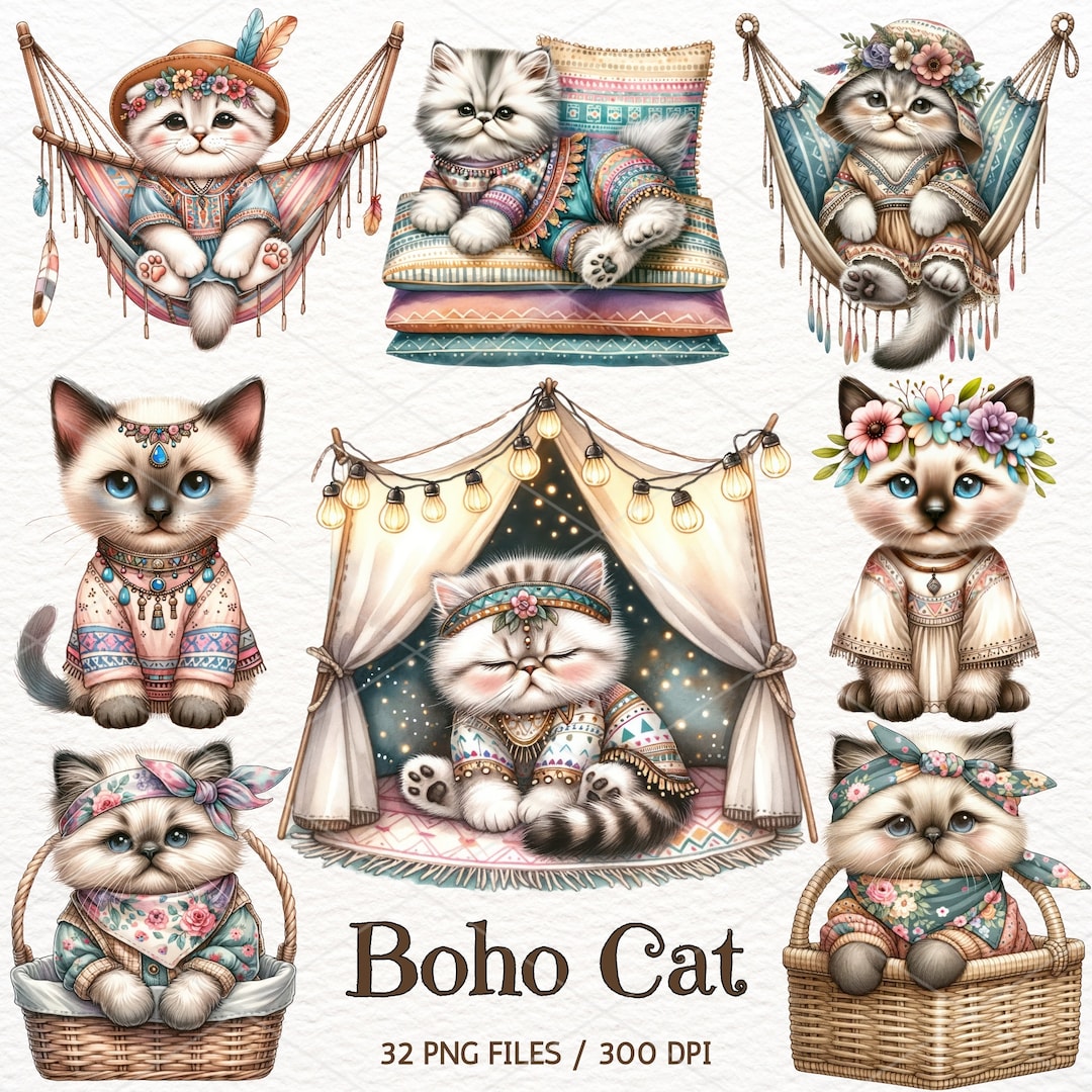 Boho Cat Clipart, Cute Cats, Watercolor Cats, Cats Clipart PNG, Floral ...