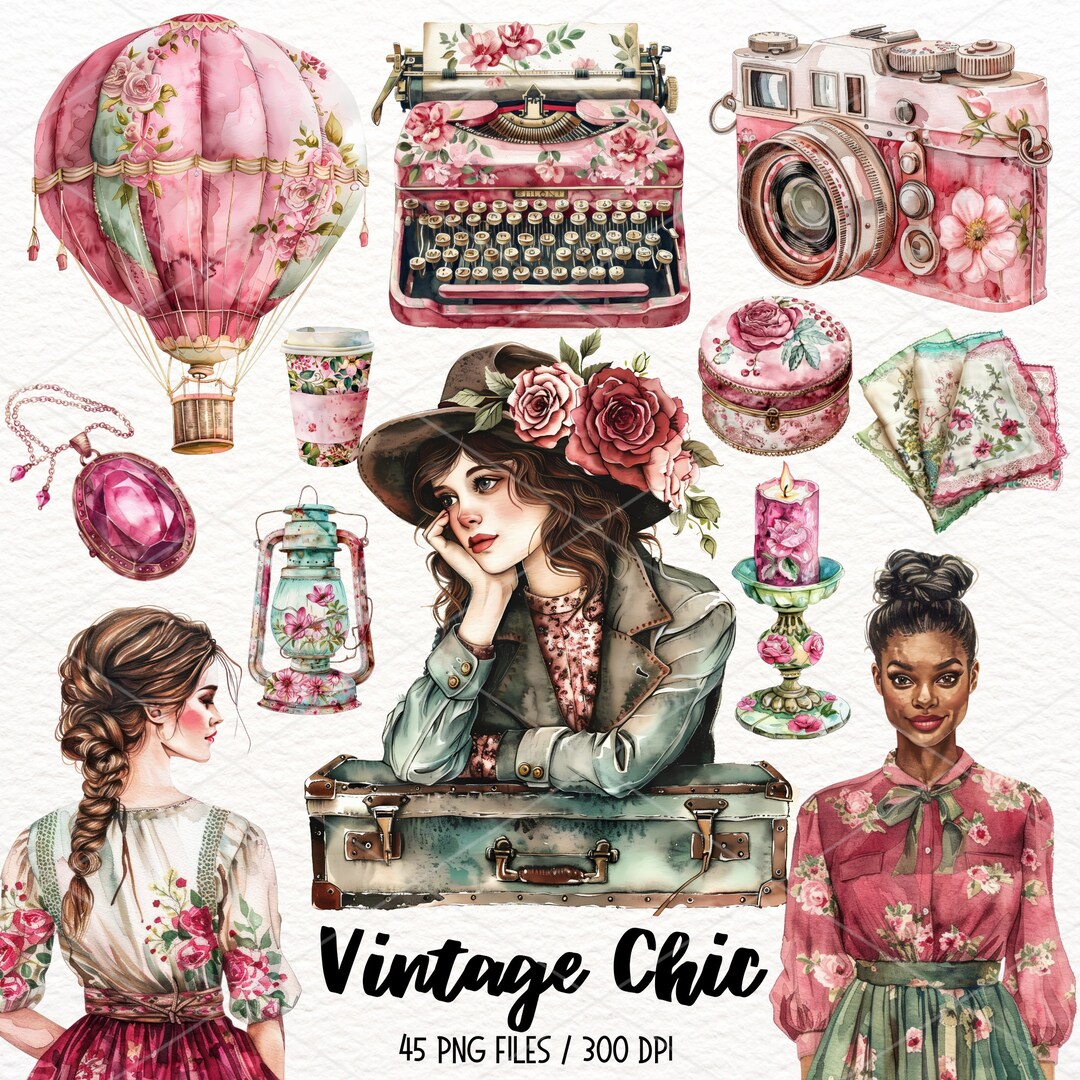 Watercolor Vintage Clipart: Antique Chic PNG Stickers (digital Download ...