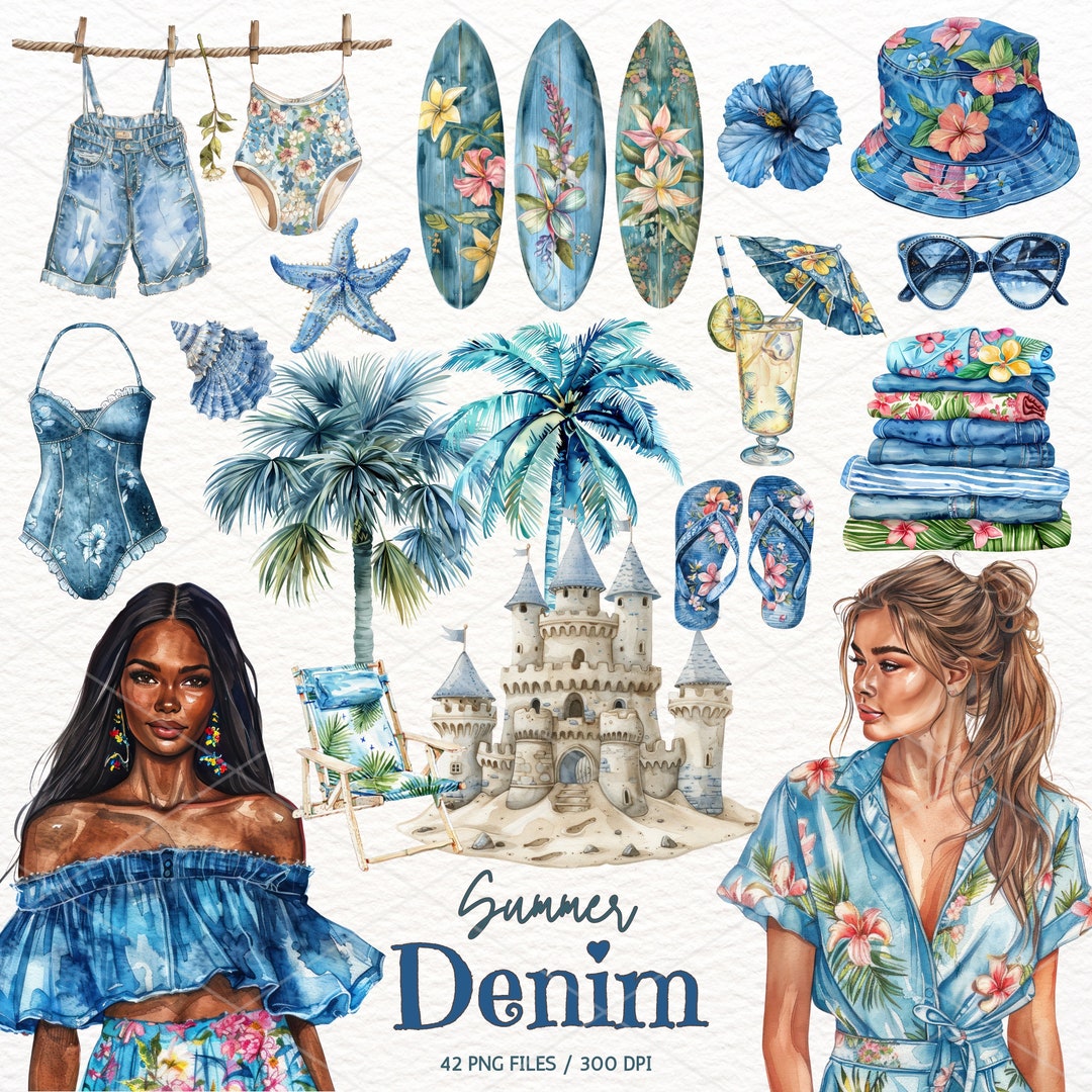 Watercolor Summer Clipart: Denim Girls PNG Graphics (digital Download ...