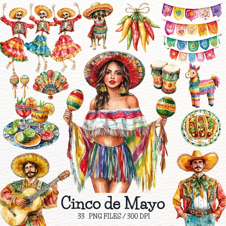 Watercolor Cinco De Mayo Clipart: Fiesta PNG Stickers (digital Download ...