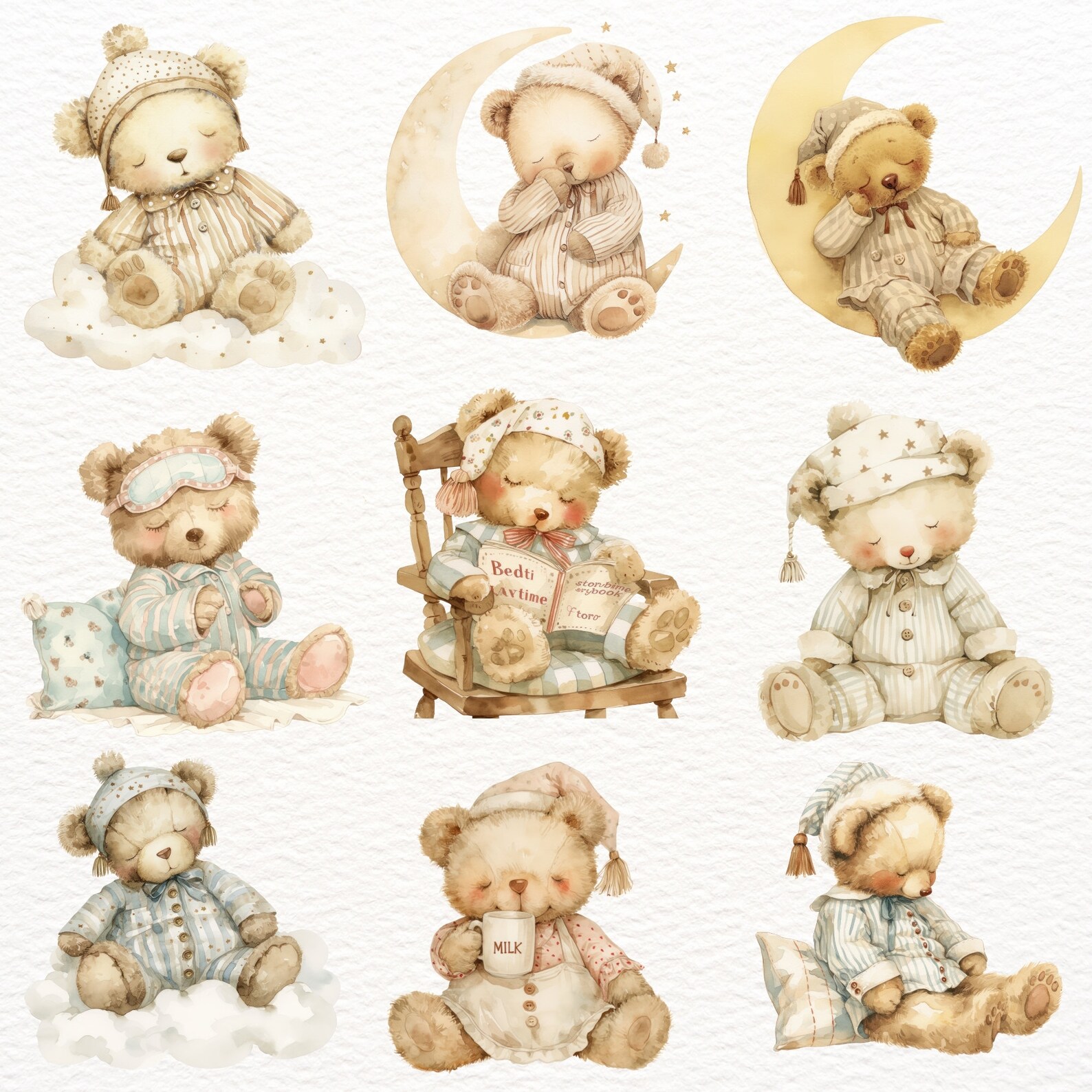 Sleepy Teddy Bears, Watercolor Teddy Bear Clipart, Boho Teddy Bear ...