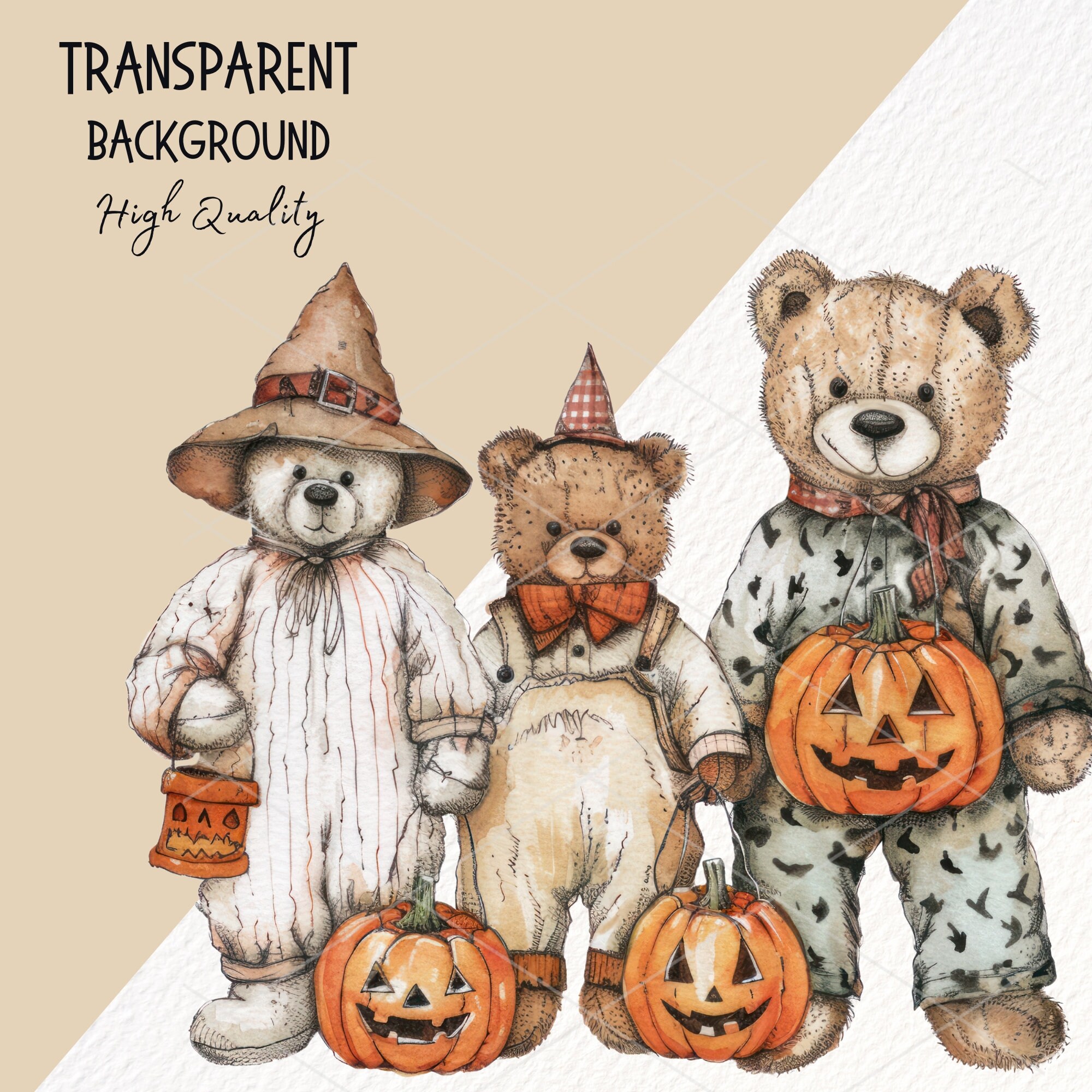 Watercolor Halloween Bear Clipart, Teddy Bear PNG, Cute Animals ...