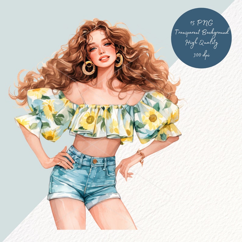 Watercolor Summer Girl Clipart: Fashion PNG Stickers (commercial Use ...