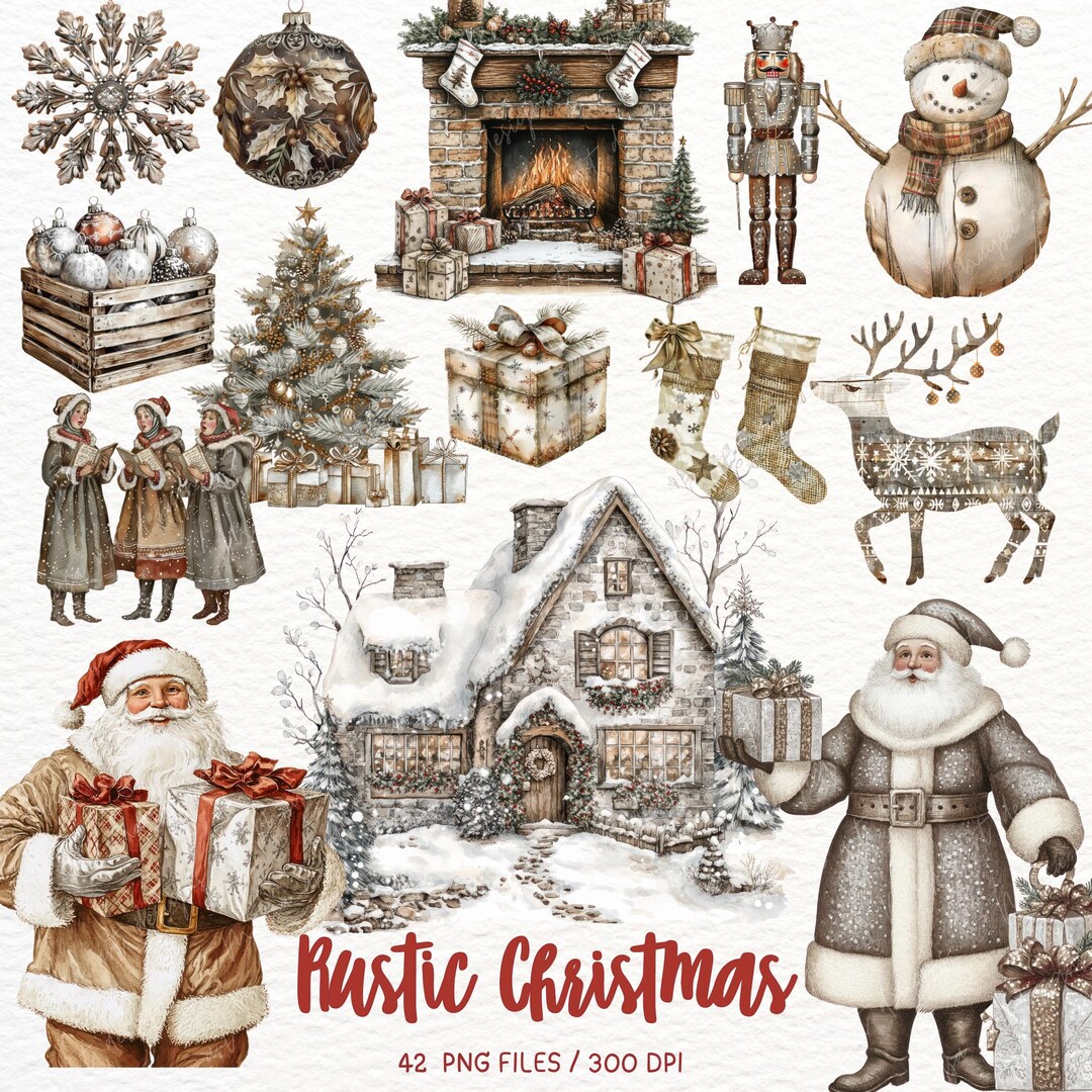 Watercolor Christmas Clipart: Rustic Holiday PNG Images (digital ...