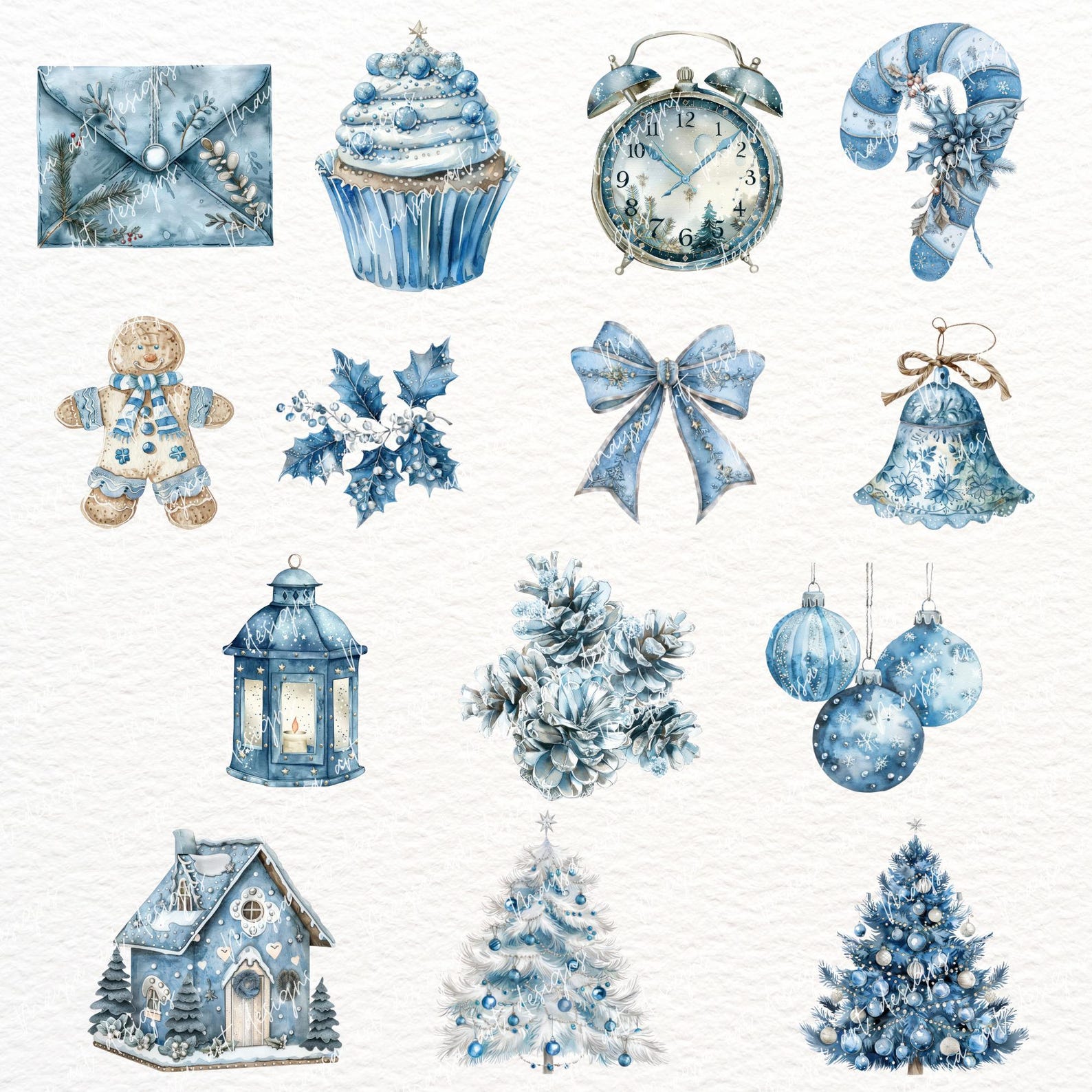 Watercolor Blue Christmas Clipart: Holiday PNG Set (digital Download ...