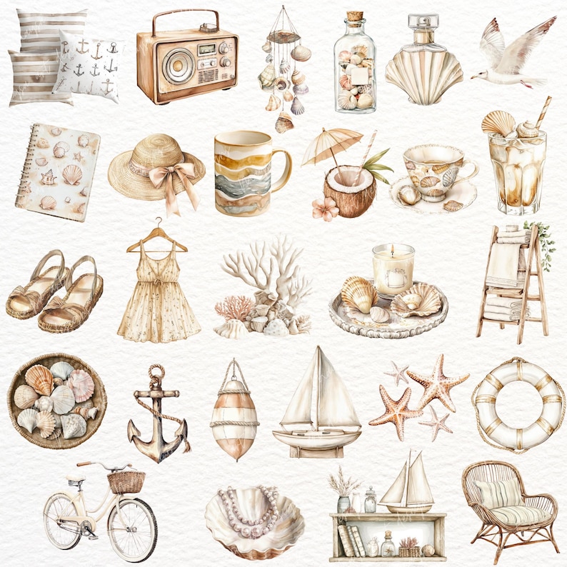 Watercolor Coastal Clipart: Summer Nautical PNG Set (digital Download ...
