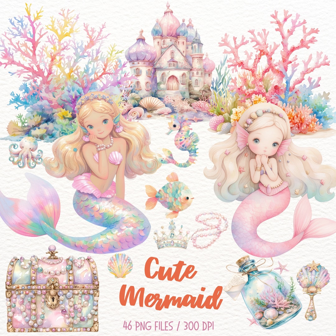 Watercolor Cute Mermaid Clipart PNG, Cute Sea Animals, Under the Sea ...
