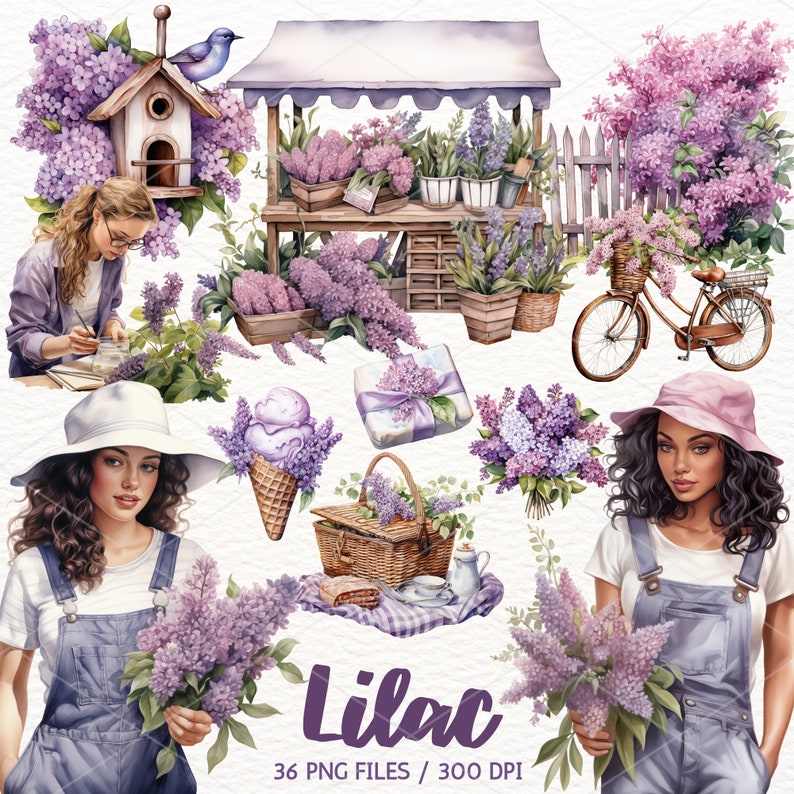 Watercolor Lilac Clipart: Floral PNG, Cottagecore Scrapbook (digital ...