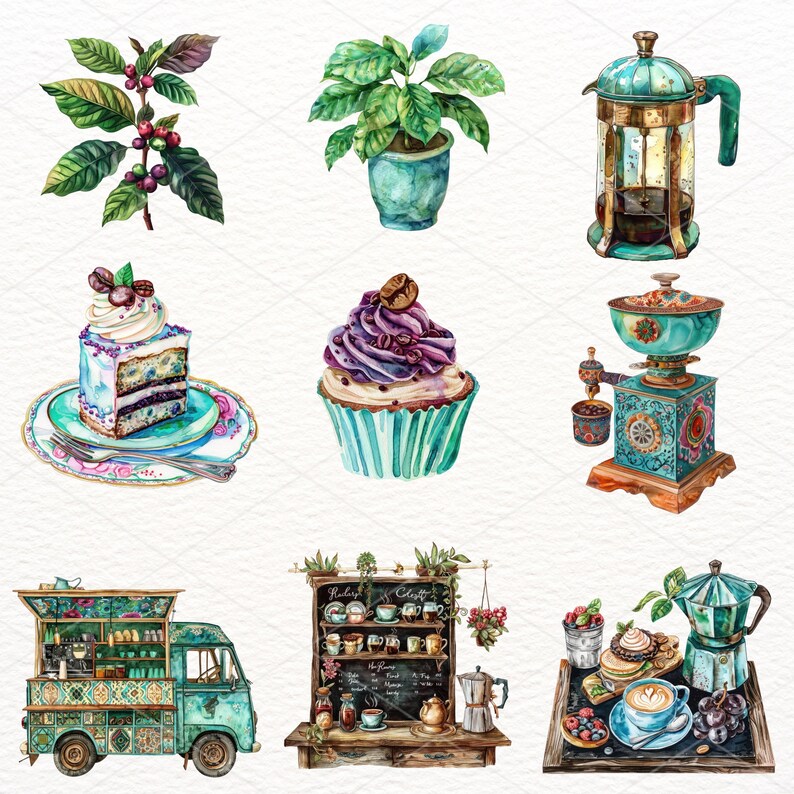 Watercolor Boho Coffee Clipart: Coffee Shop PNG Stickers (commercial ...