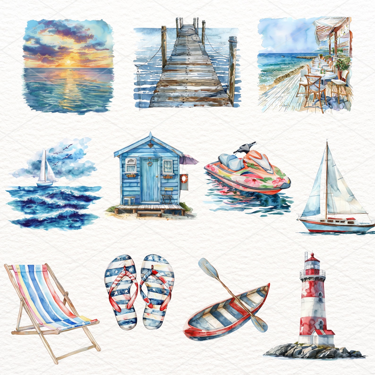 Watercolor Nautical Clipart: Summer Beach, Lighthouse (instant Download ...