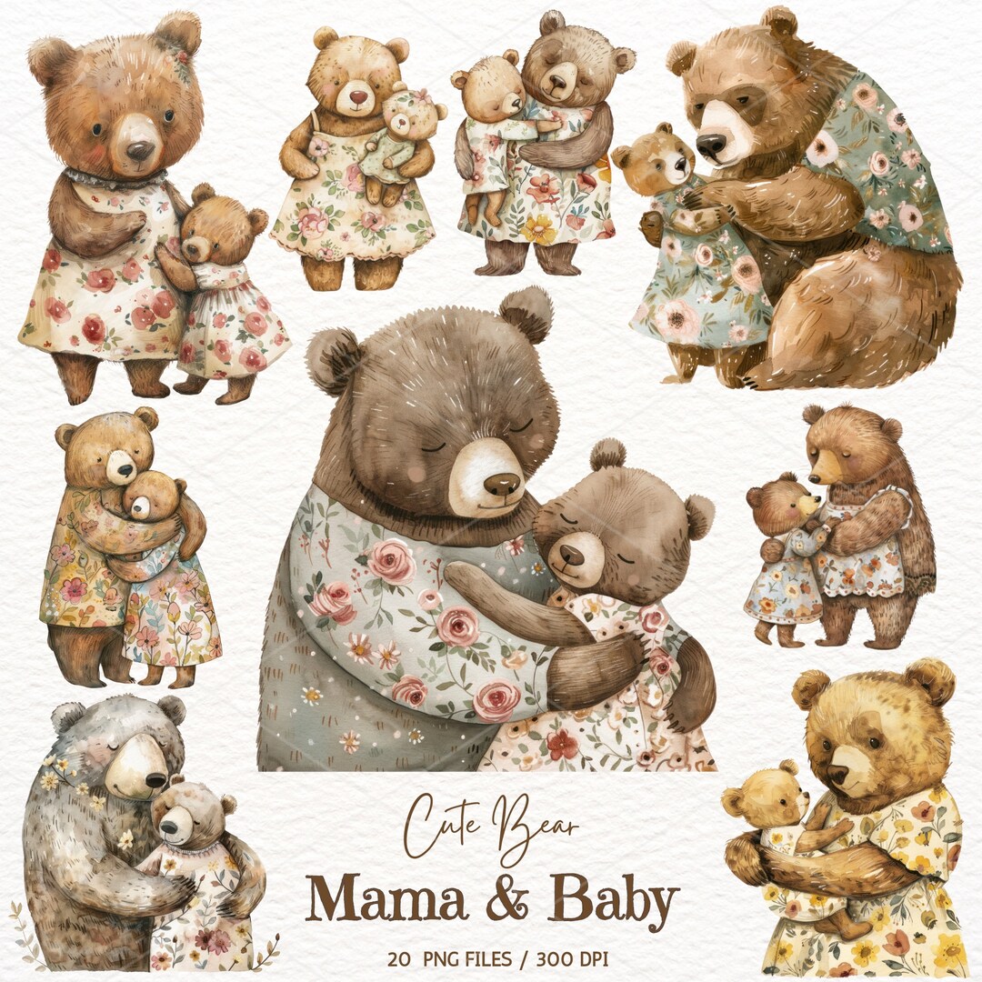 Watercolor Mama and Baby Bear Clipart, Cute Bear, Teddy Bear PNG, Gift ...