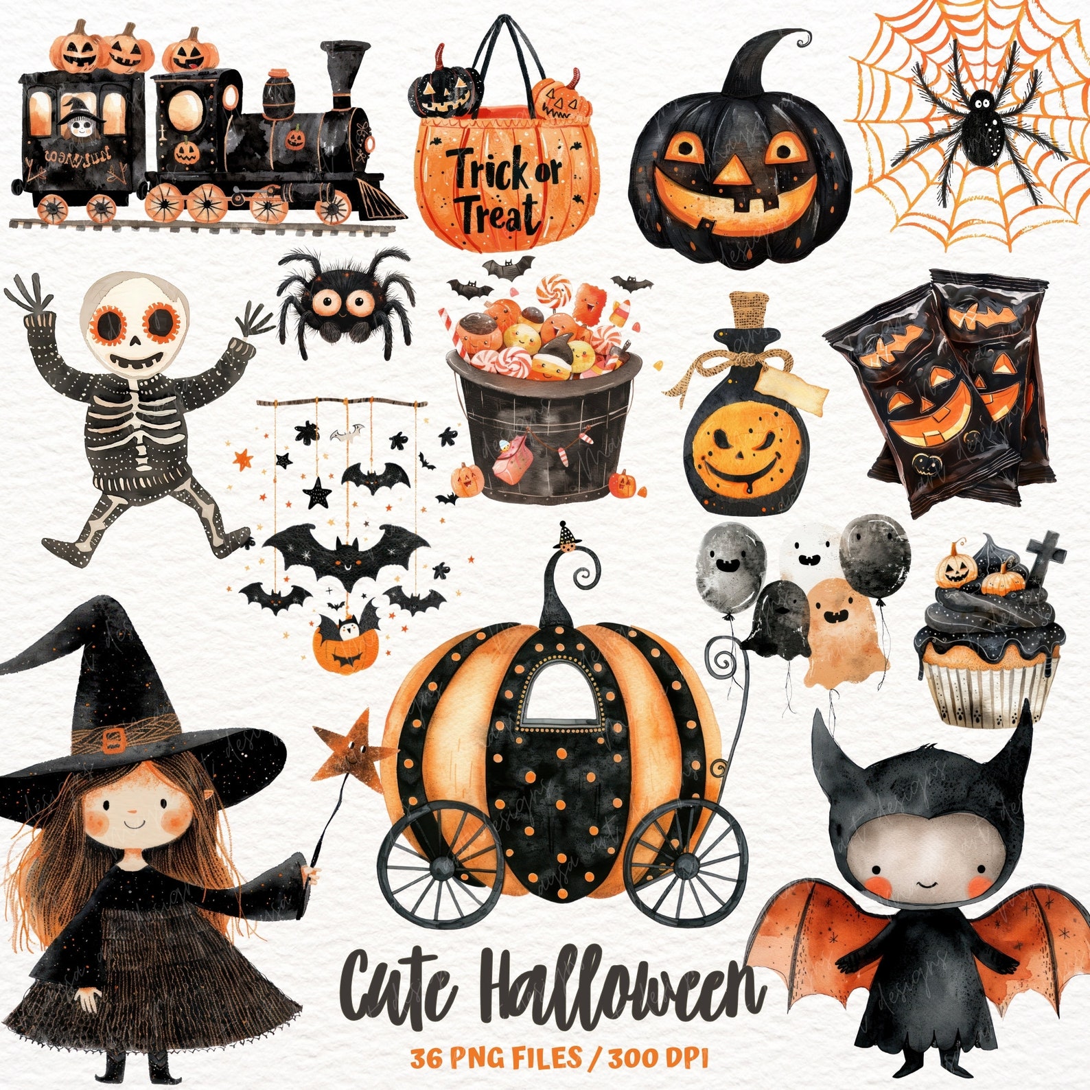 Watercolor Cute Halloween Clipart, Spooky PNG, Black Cat Trick or Treat ...