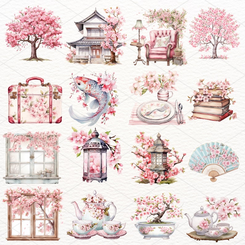 Watercolor Cherry Blossom Clipart: Japanese Sakura PNG (digital ...