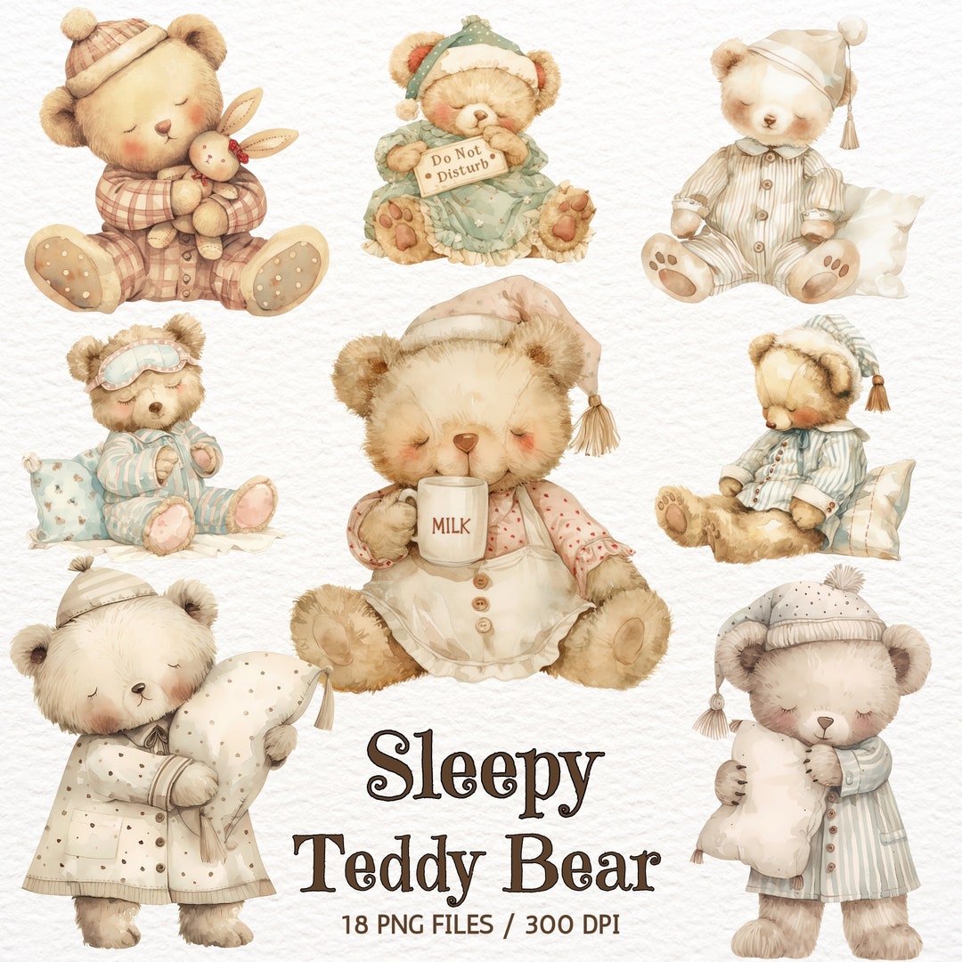 Sleepy Teddy Bears, Watercolor Teddy Bear Clipart, Boho Teddy Bear ...