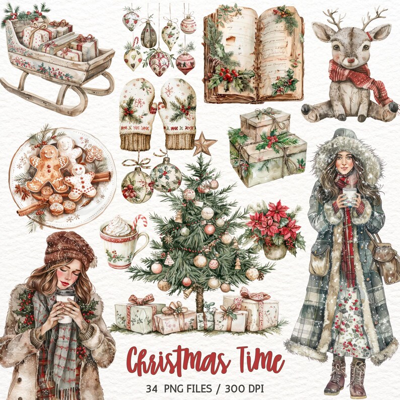 Watercolor Christmas Clipart: Festive Winter PNG Images (digital ...