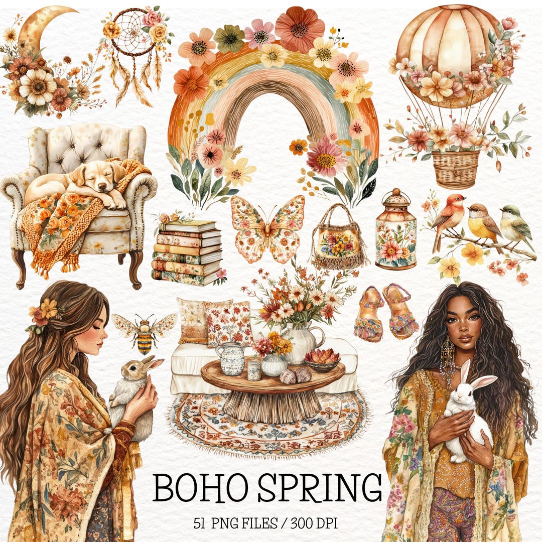 Watercolor Spring Clipart: Boho Cottagecore PNG (digital Stickers) - Etsy
