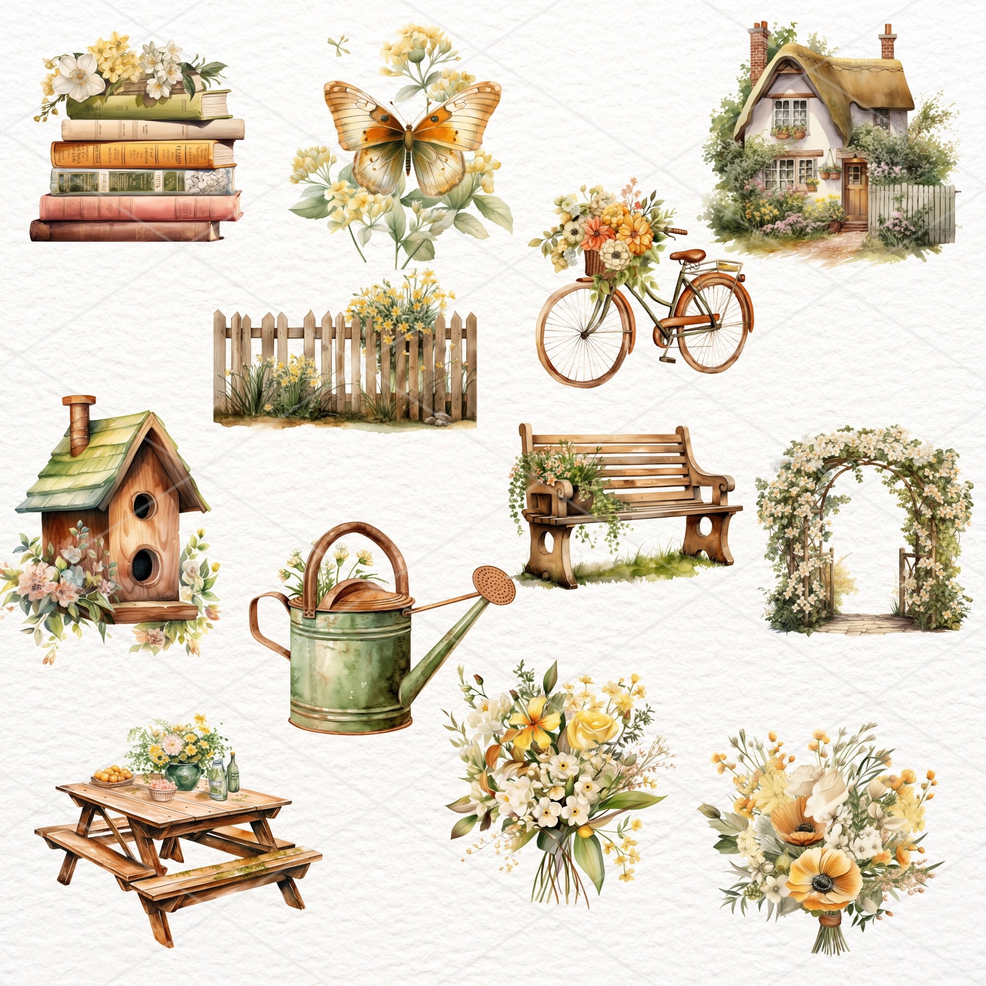 Rustic Spring Watercolor Clipart, Cottagecore Clip Art PNG, Spring ...