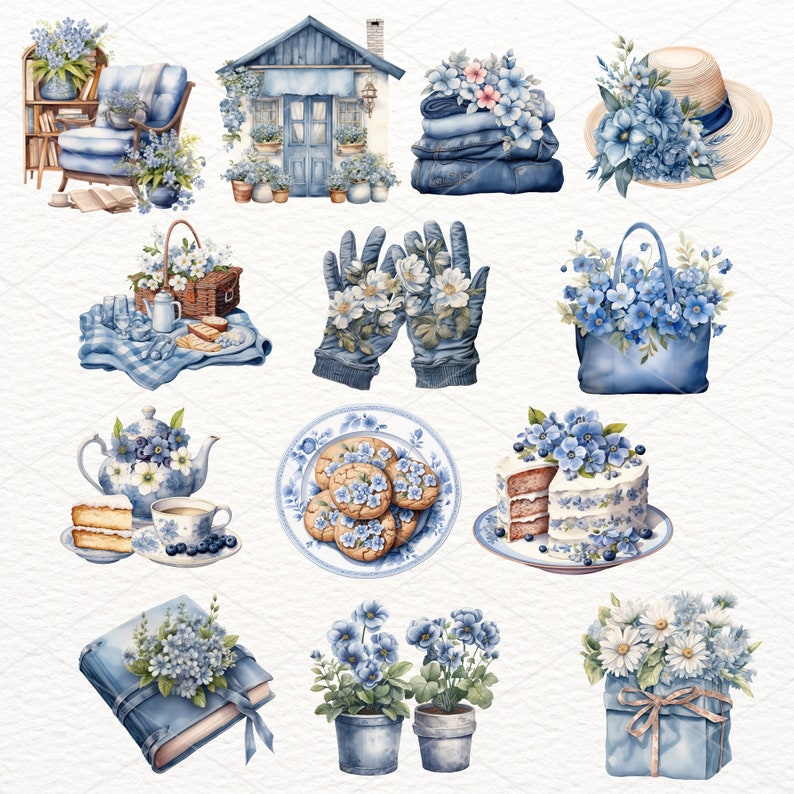 Spring Denim Watercolor Clipart: Floral PNG Set (digital Download) - Etsy