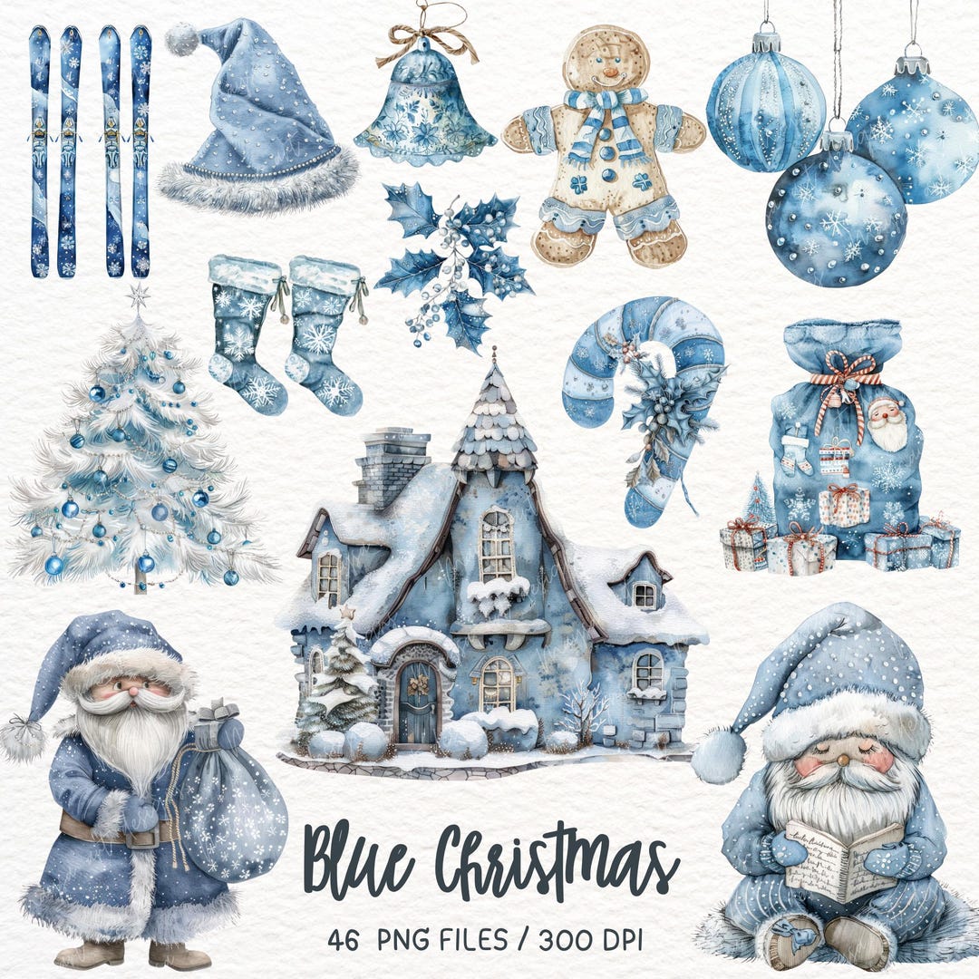 Watercolor Blue Christmas Clipart, Winter Holiday, Pastel Christmas PNG ...
