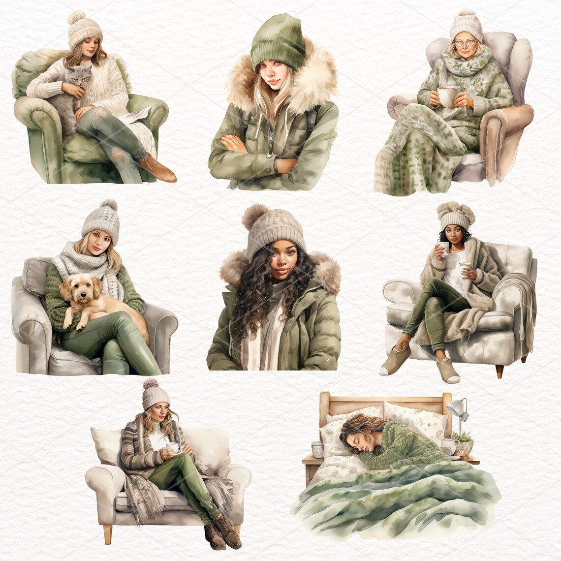 Watercolor Winter Snowy Green Clipart, Cozy Winter Cottagecore Clipart ...