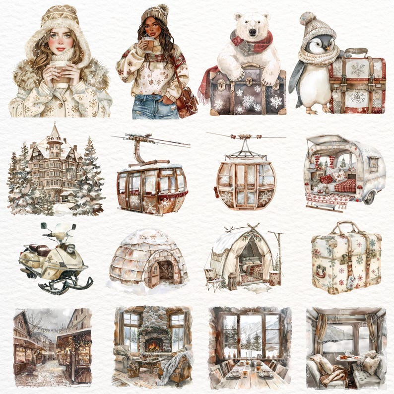 Watercolor Winter Travel Clipart, Cozy Winter, Adventure PNG, Holiday ...